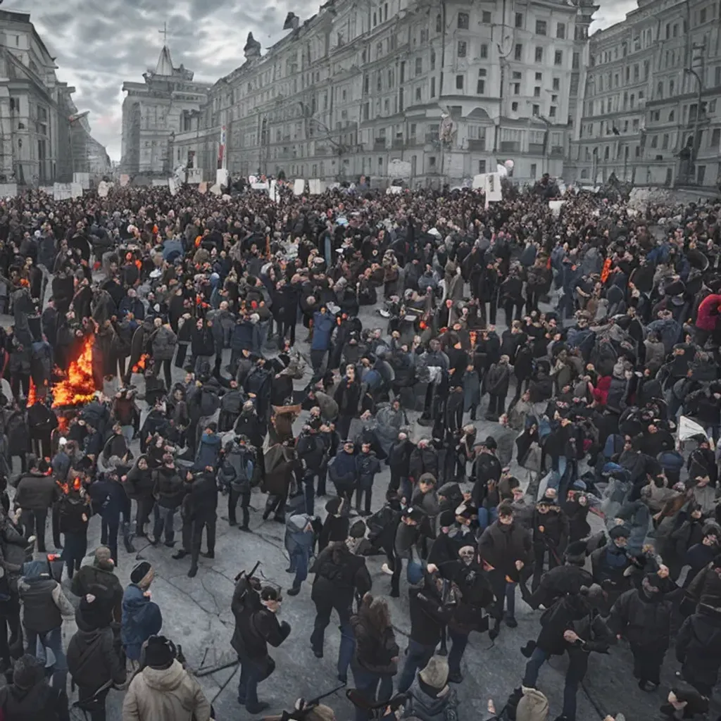 crowd of working citizens protests, while missles an... | OpenArt