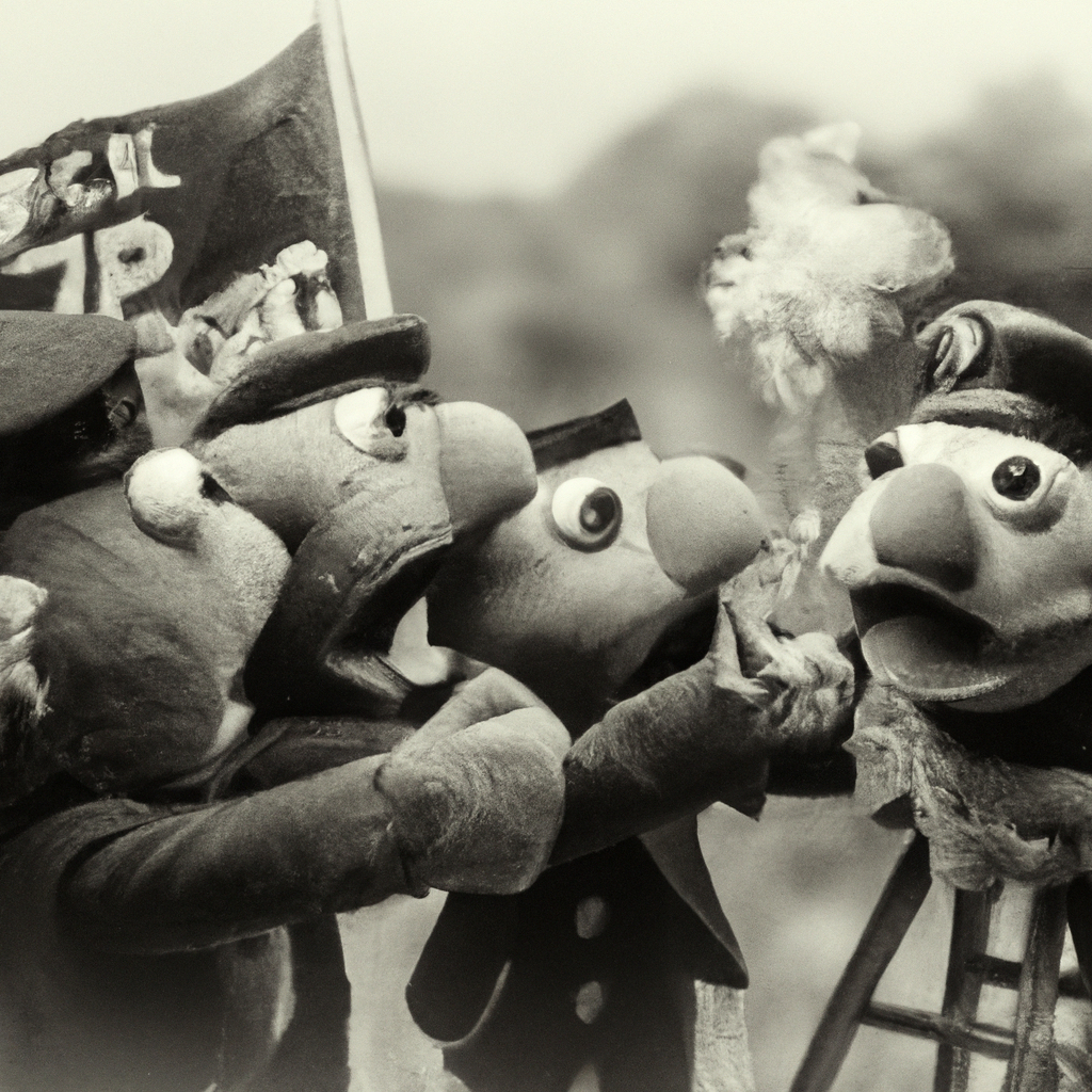 muppets in war shooting with other muppets. in the y...
