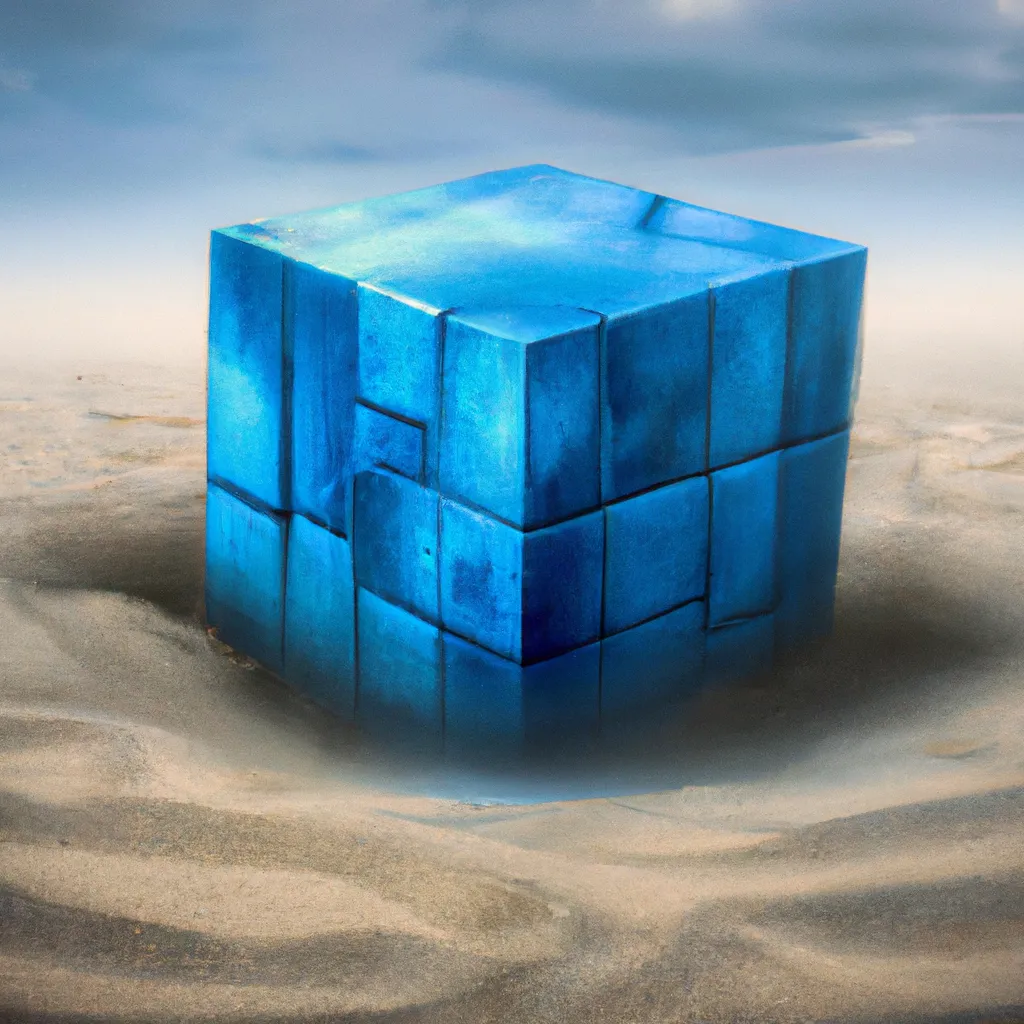Big blue cube partially buried in the sand, fantasy... | OpenArt