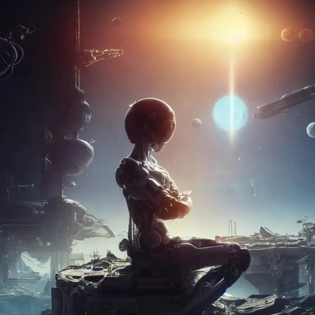 beautiful alluring cyborg sitting on the floor of a... | OpenArt