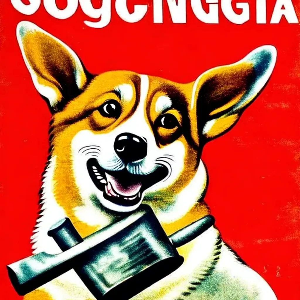 Soviet propaganda poster featuring a corgi holding a... | OpenArt