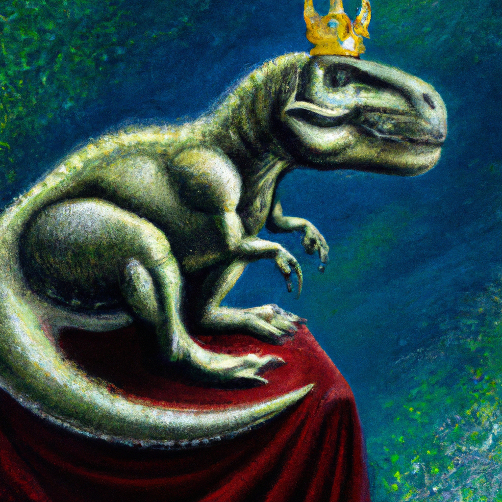 A beautiful oil painting of a T-Rex monarch sitting... | OpenArt