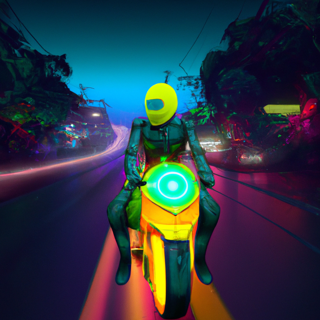 A lemon man riding on a motorcycle in cyberpunk 2077... | OpenArt