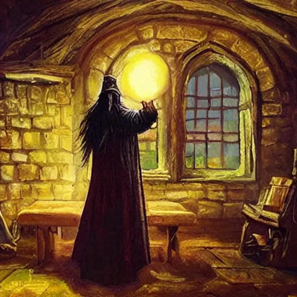 wizard pondering his magic orb.(painting, interior,... | OpenArt