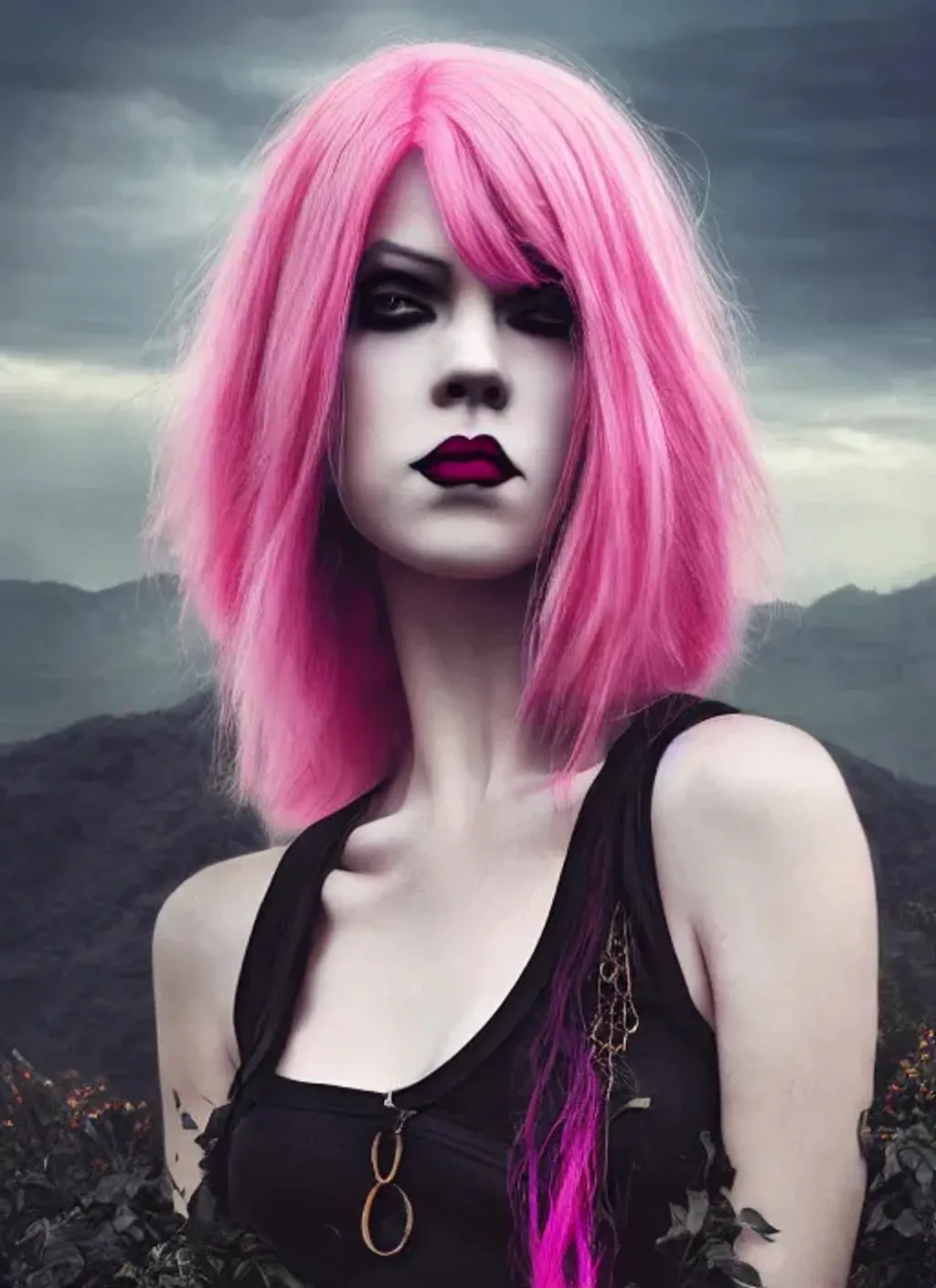 Photo Of Gothic Woman With Pink Hair Centered Scen 