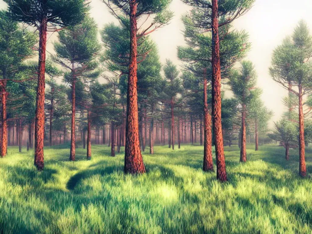 Pine forest with paths at cloudy morning, fantasy ar... | OpenArt
