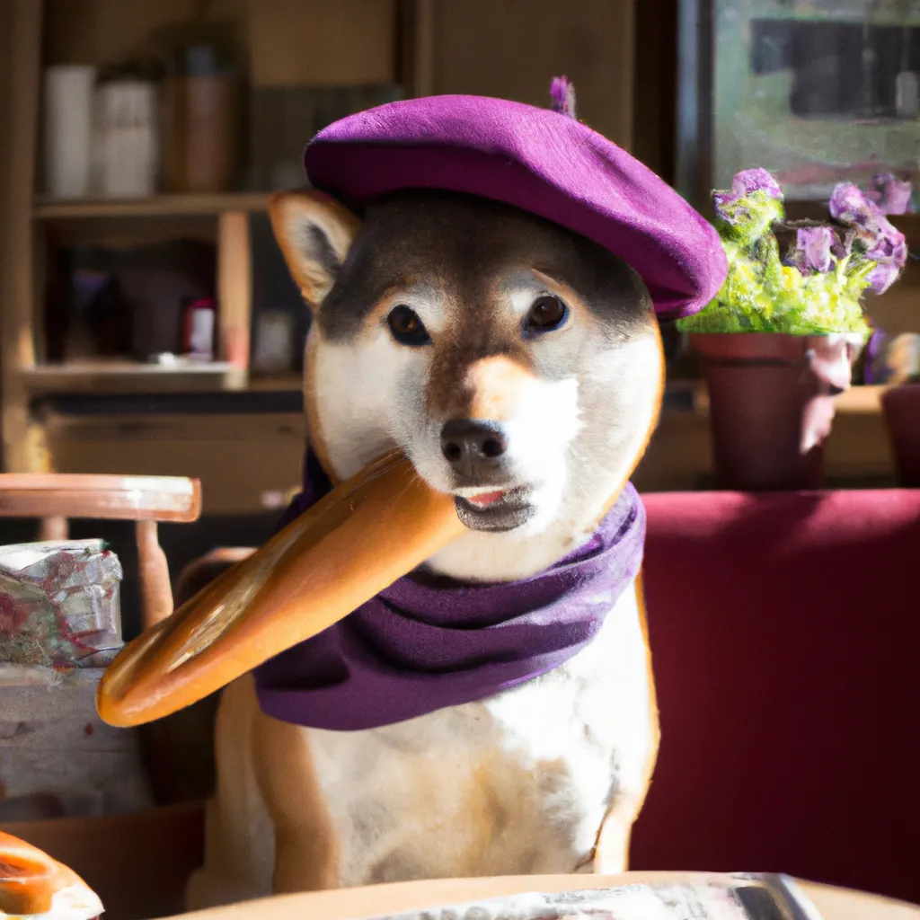 a shiba inu wearing a purple beret in a diner eating... | OpenArt