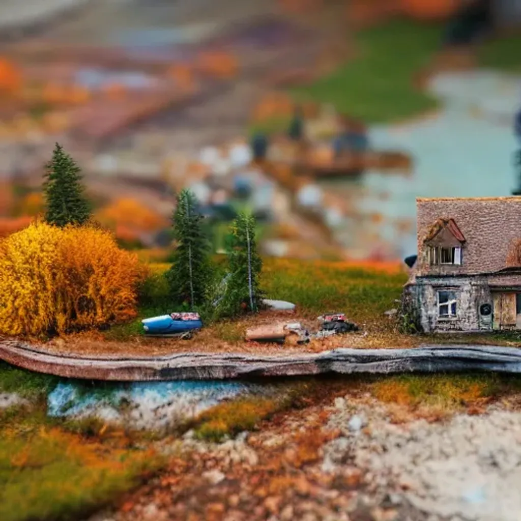 miniature world in a box on a desk, autumn, night, m...