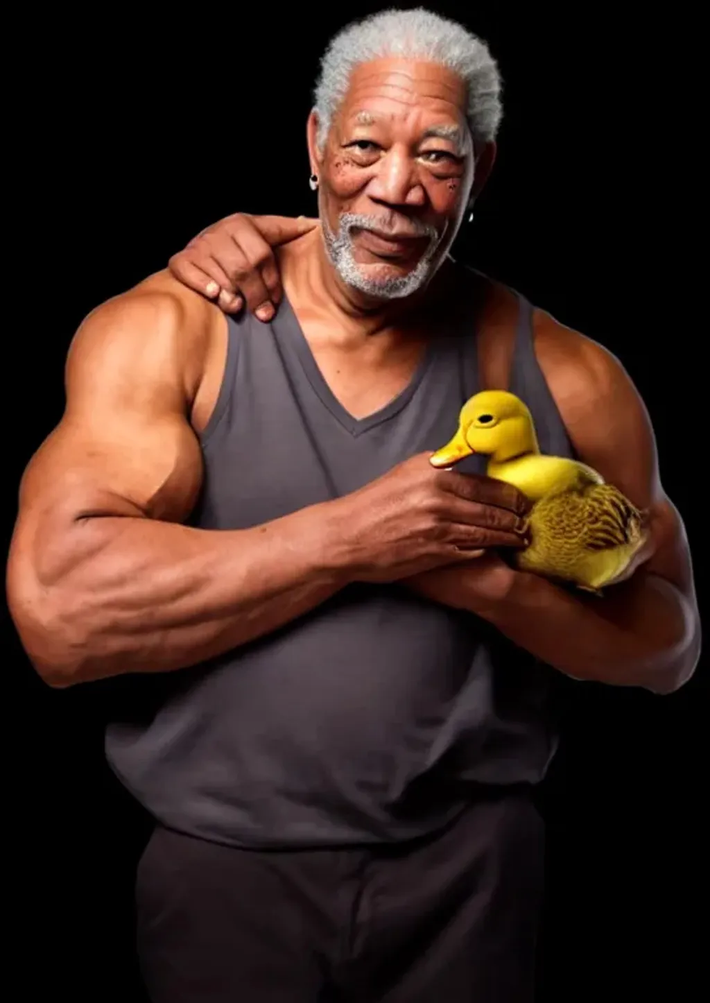 Morgan Freeman holding a duck, yolked, muscle, 4K, 8... | OpenArt
