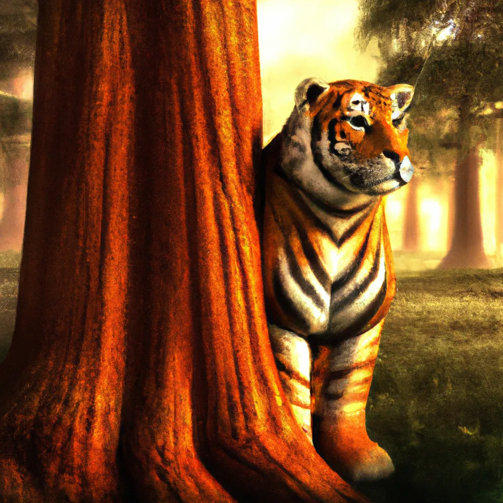 a large tiger standing next to a tree in a forest, a... | OpenArt