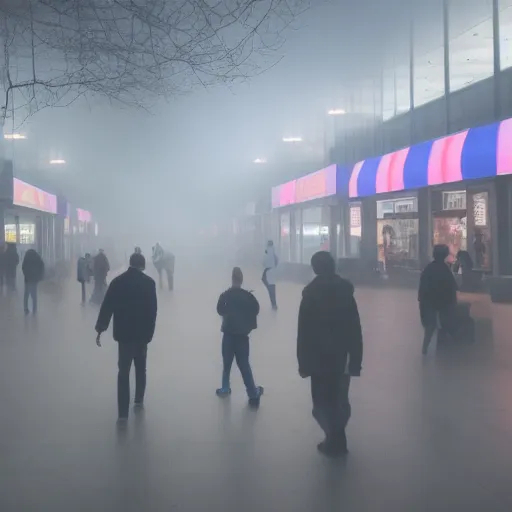 liminal space mall with people in the fog | OpenArt