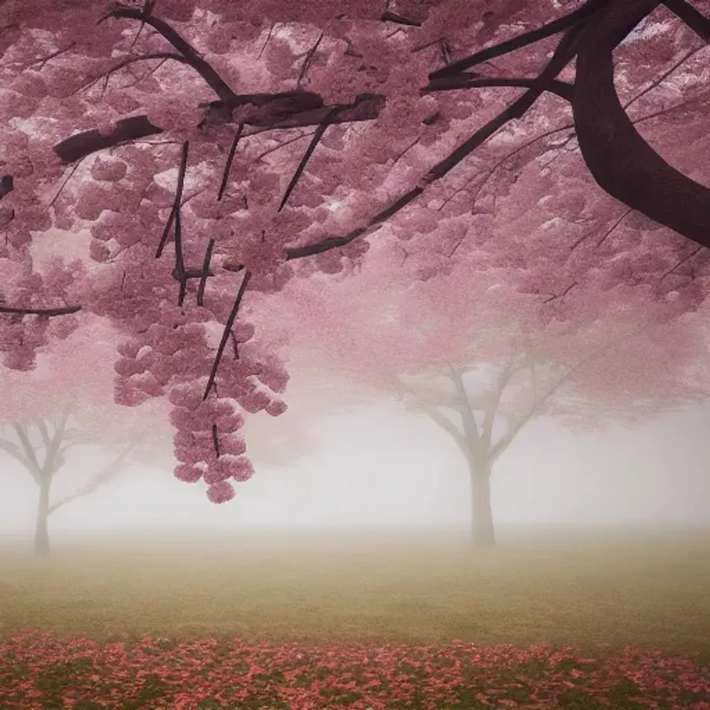 low poly cherry blossom tree in the fog, in the morn... | OpenArt