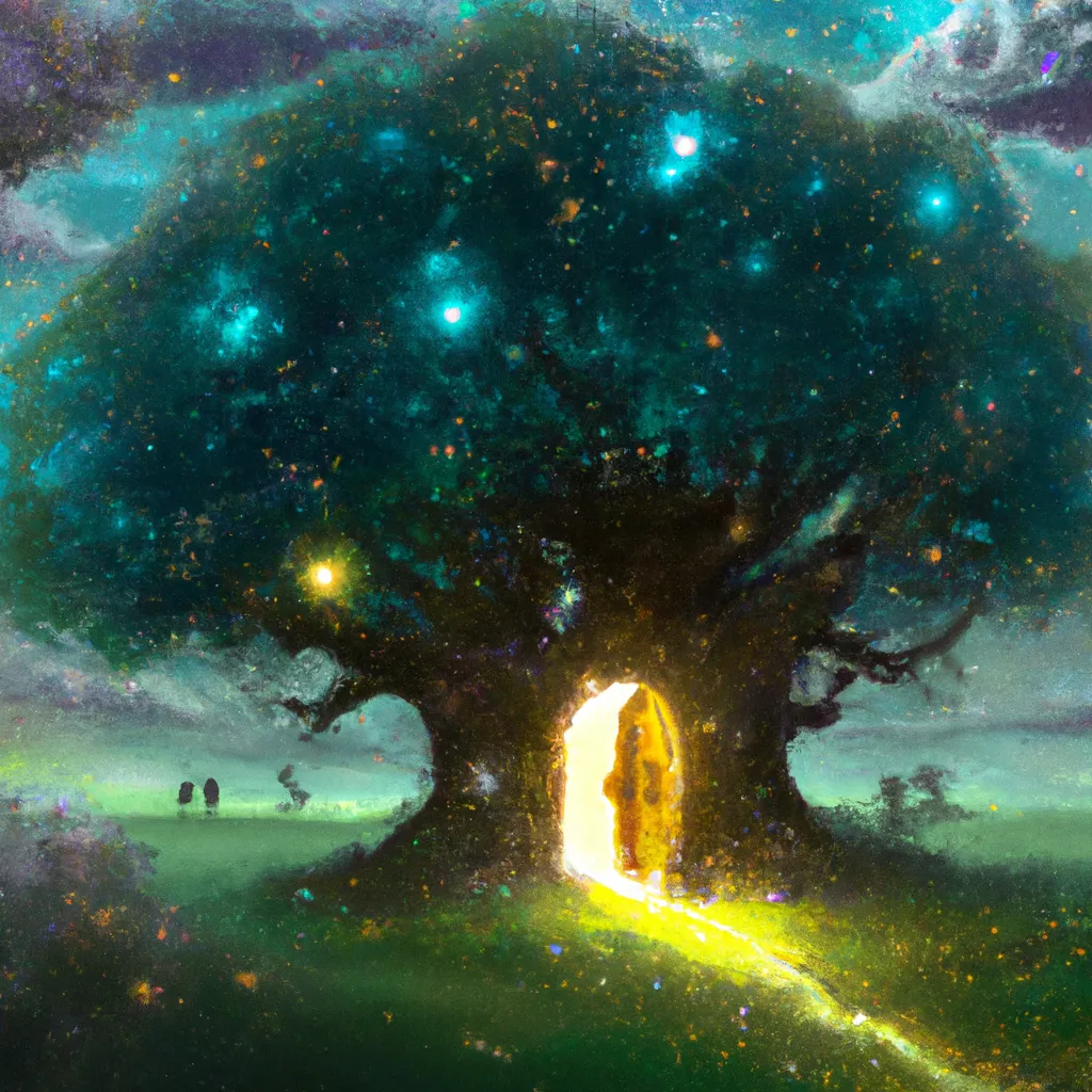 an oak tree with a magical door, a luminescent path... | OpenArt