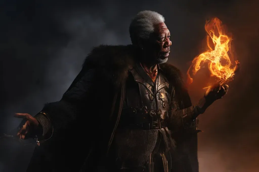 Morgan Freeman as a pyromancer, Mage, Sorcerer, 4K,... | OpenArt