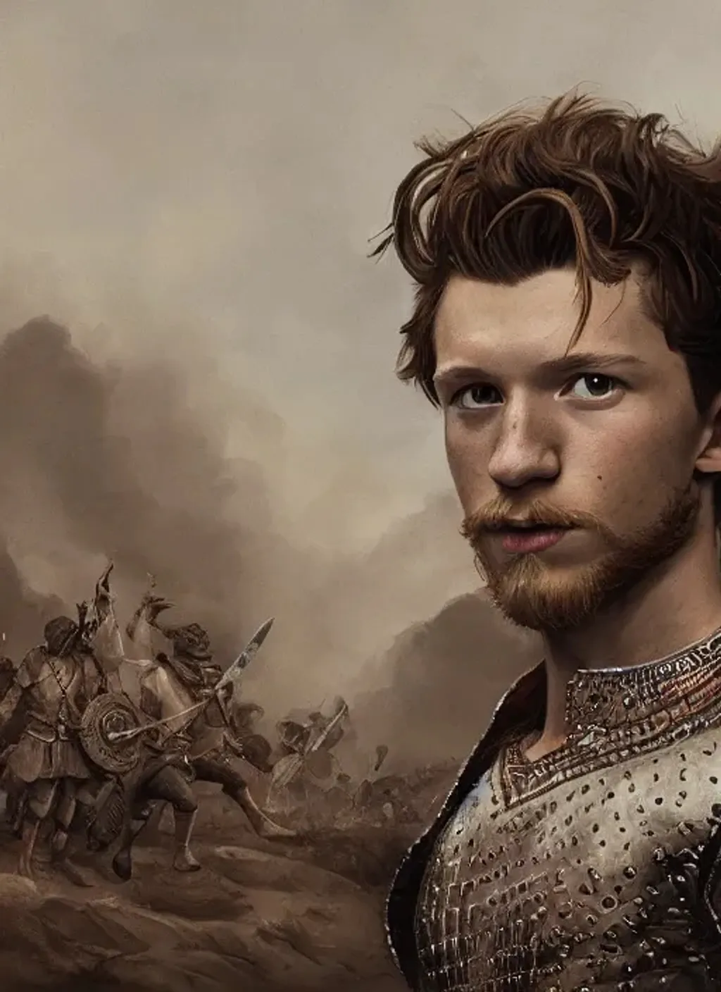 Portrait of {Tom Holland as an warrior} with {brown}...