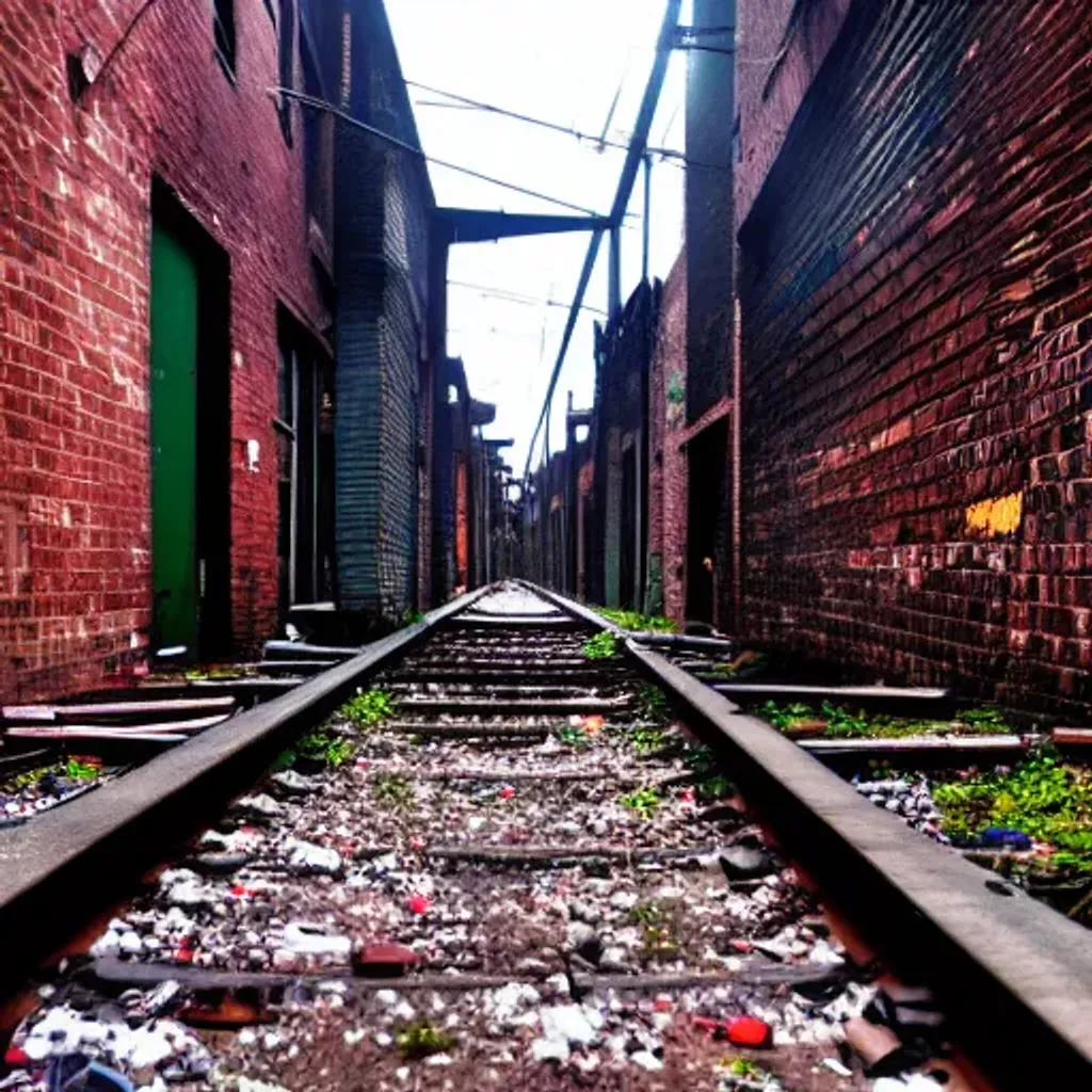abandoned railway in city alley, concrete ground wit... | OpenArt