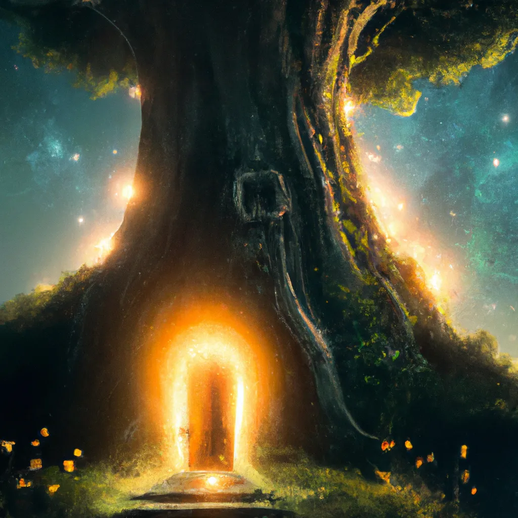 an oak tree with a magical door, a luminescent path... | OpenArt