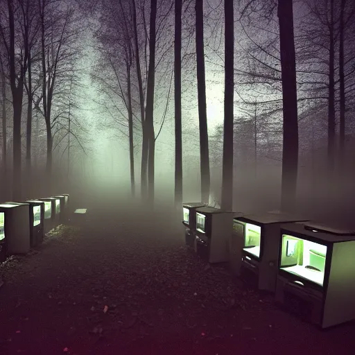 abandoned computers in dark forest at night, with fo... | OpenArt