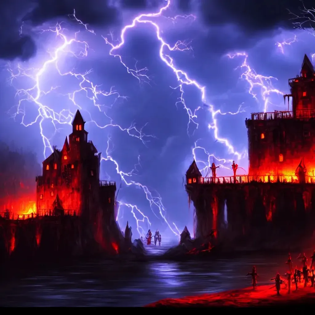 river of blood and lightning. castle on the side of... | OpenArt