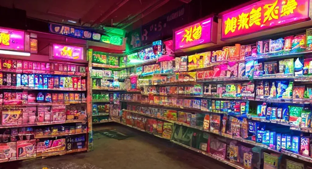 inside closed cyberpunk convenience store at night w... | OpenArt