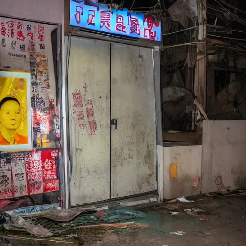 abandoned store in taiwan, garbage on floor, with po... | OpenArt