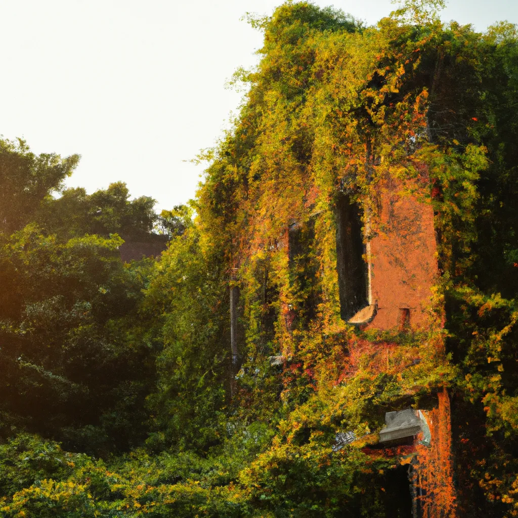a tall red brick building overgrown with vegetation,... | OpenArt