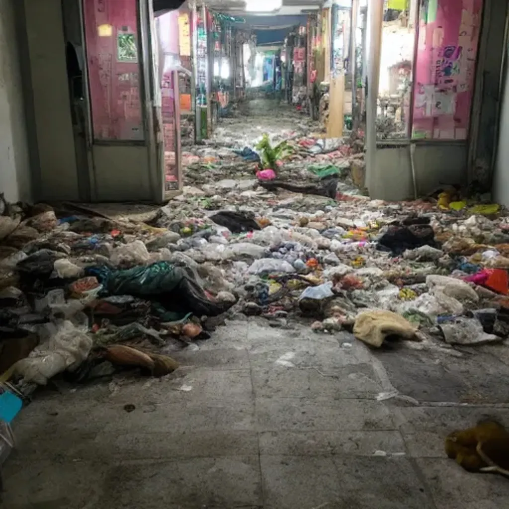 abandoned store in taiwan, garbage on floor, cats wa... | OpenArt