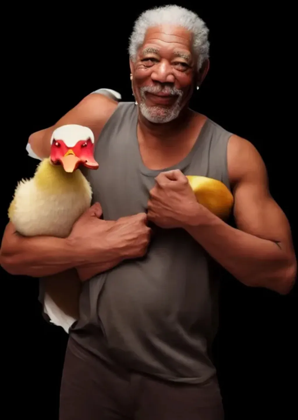 Morgan Freeman holding a duck, yolked, muscle, 4K, 8... | OpenArt