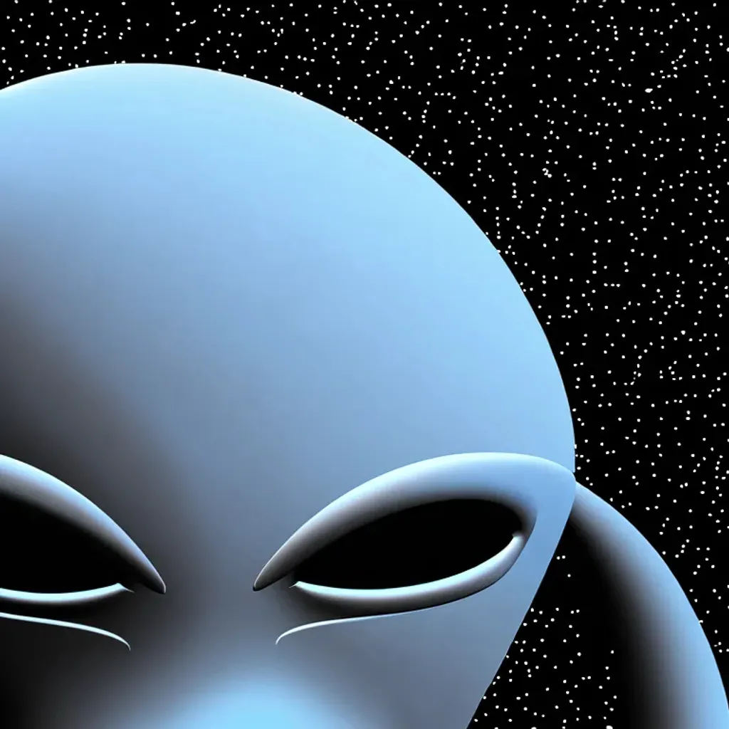 a gray alien with blue eyes on a black background, v... | OpenArt
