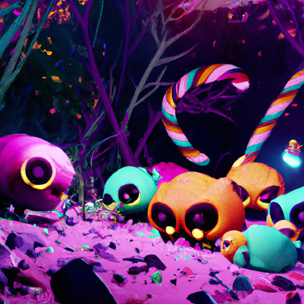 Candy Monsters destroying a forest, cute 4d rendered... | OpenArt