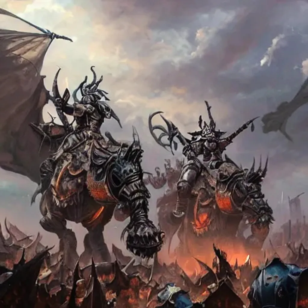 Powerful tall heavy armored demons marching forward...