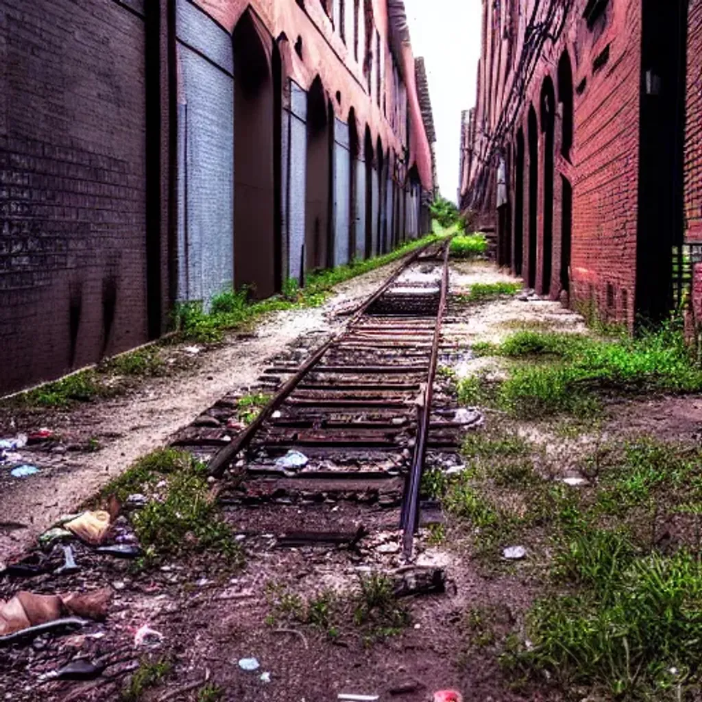 abandoned railway in city alley, concrete ground wit... | OpenArt