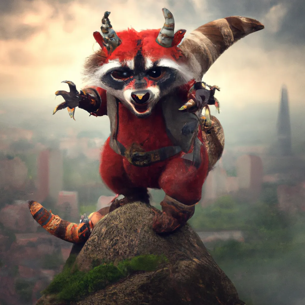 A cute giant dragon raccoon in an devil costume atta... | OpenArt