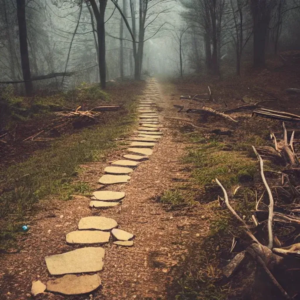 stone path through forest, dead trees, broken fence,... | OpenArt