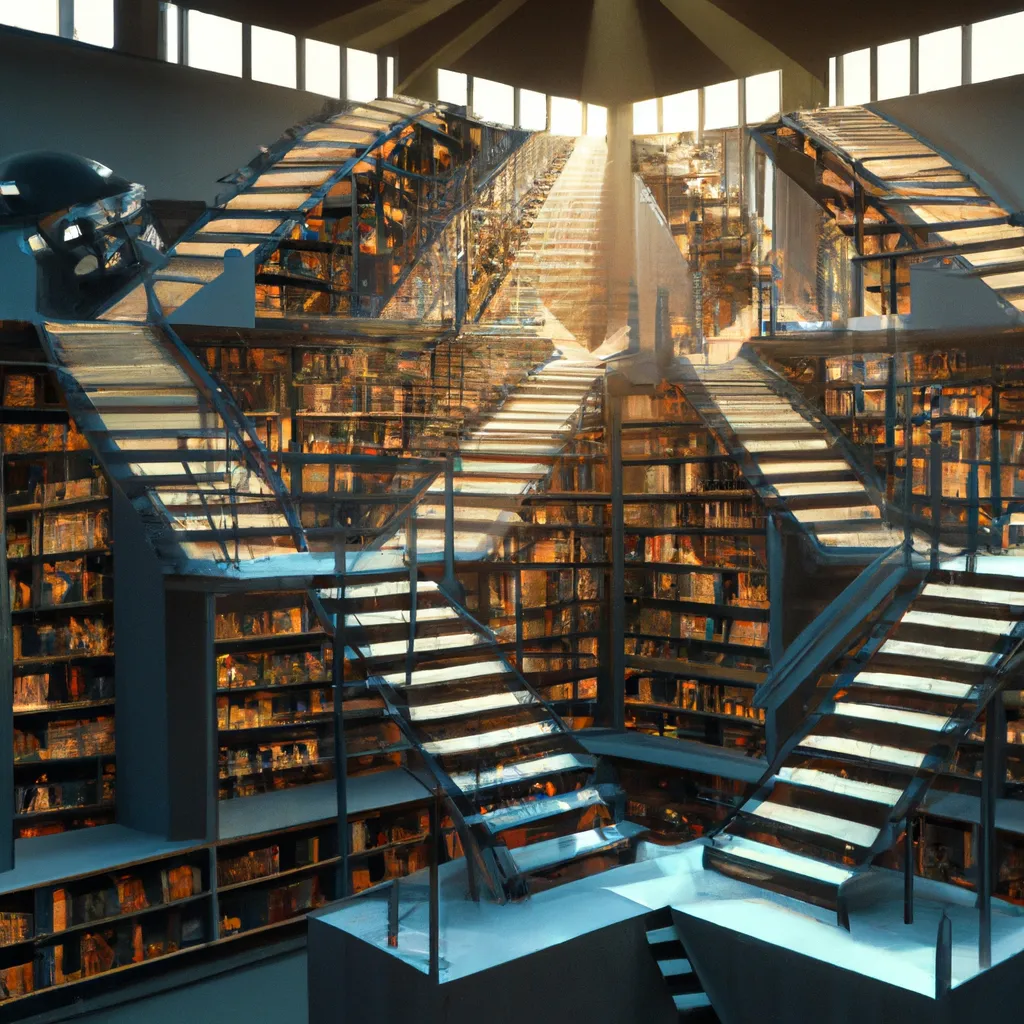 A large library, huge staircases with bookshelves, p...