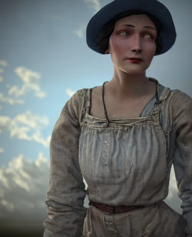 a beautiful 1920's female farm worker, worn clothes,... | OpenArt