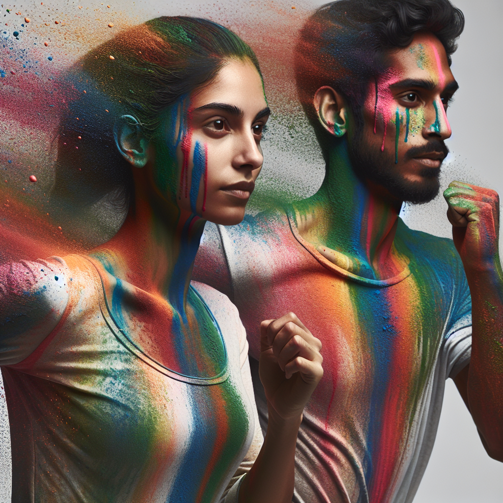 Man and woman with multi-colored faces stand next to...