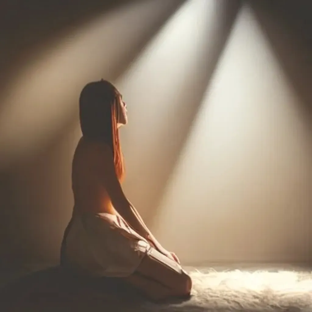 Sun rays falling on a girl in a dark room, dark them...