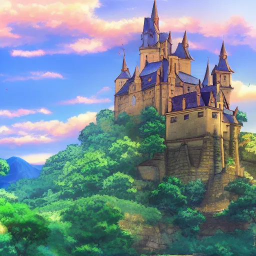 anime european castle landscape with mountains | OpenArt