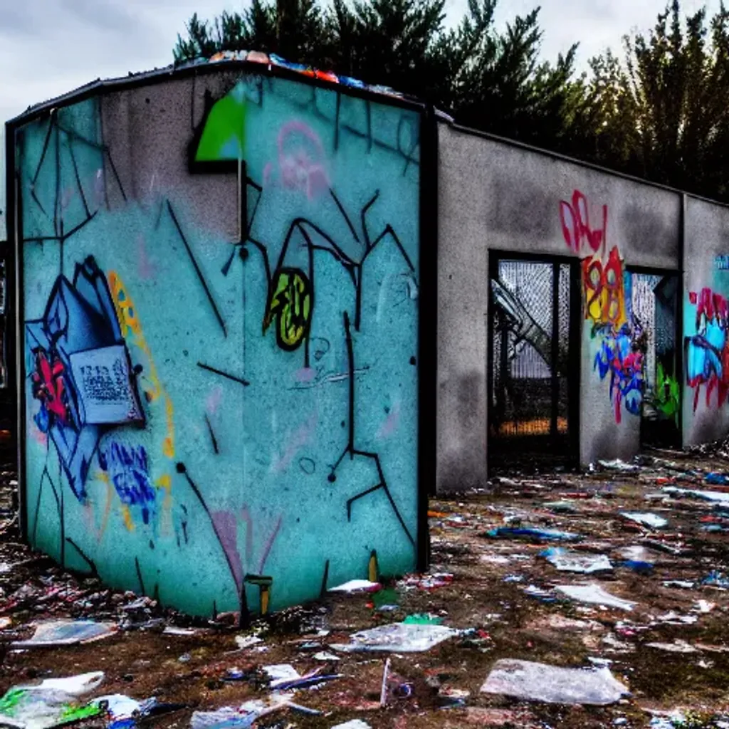 abandoned playground, broken glass, graffiti on wall... | OpenArt