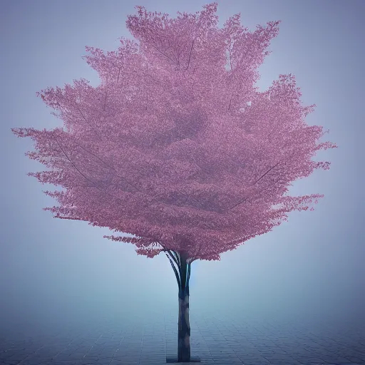 low poly cherry blossom tree in the fog at night, wi... | OpenArt