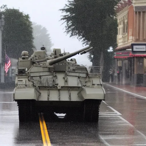 Military Fat man. in huge tank driving down main str... | OpenArt