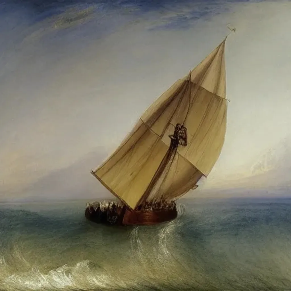 open seas with a sloop sailing in the horizon, sundown | OpenArt