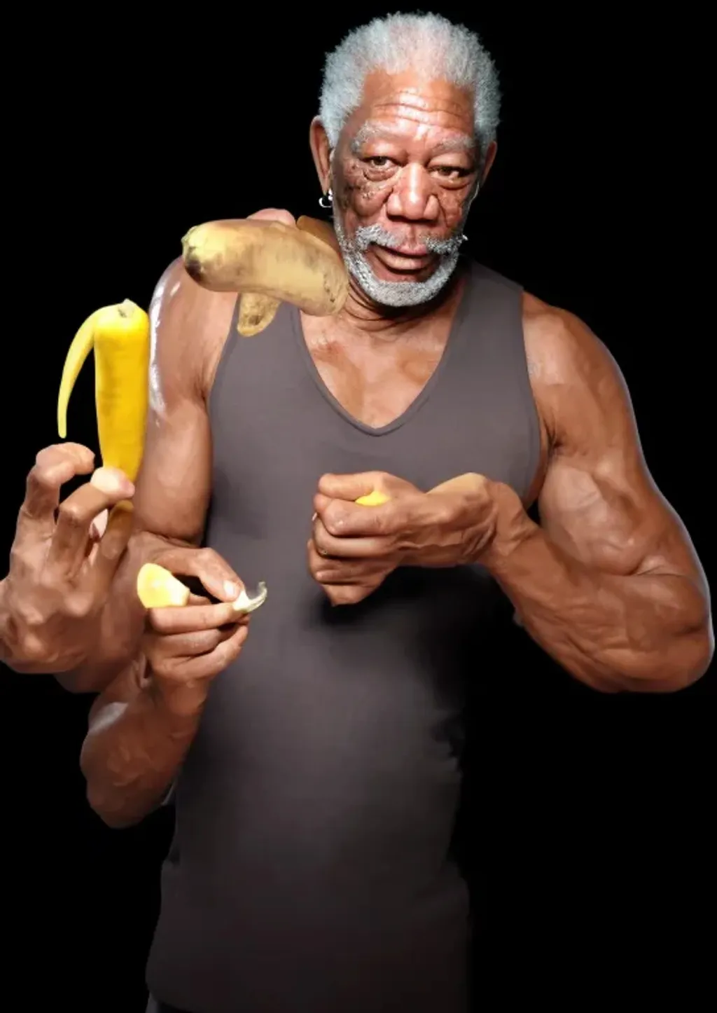 Morgan Freeman eating a banana, yolked, ripped, stro... | OpenArt