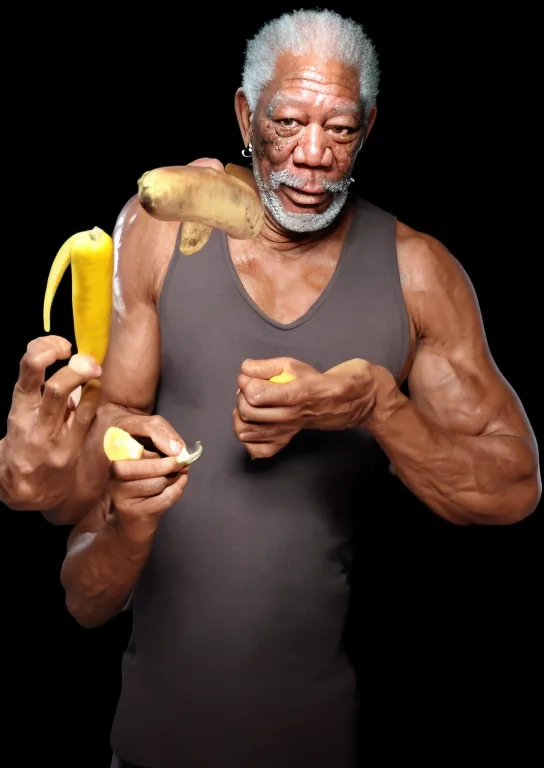 Morgan Freeman eating a banana, yolked, ripped, stro... | OpenArt