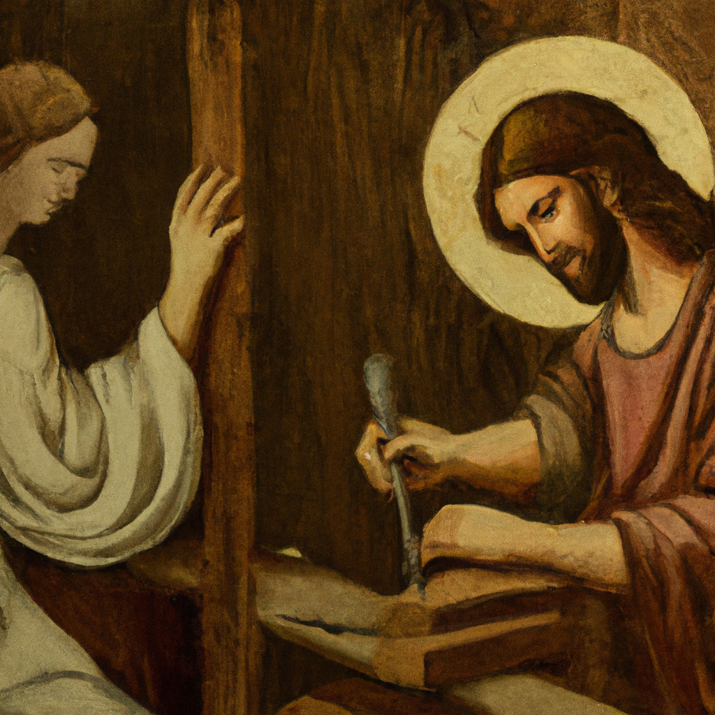 Jesus working on wood with virgin mary oil painting | OpenArt