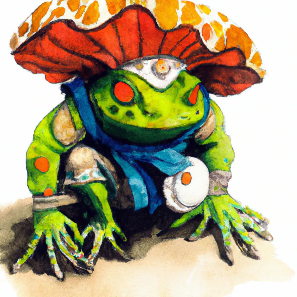 a bullywug druid of spores with mushrooms growing on... | OpenArt