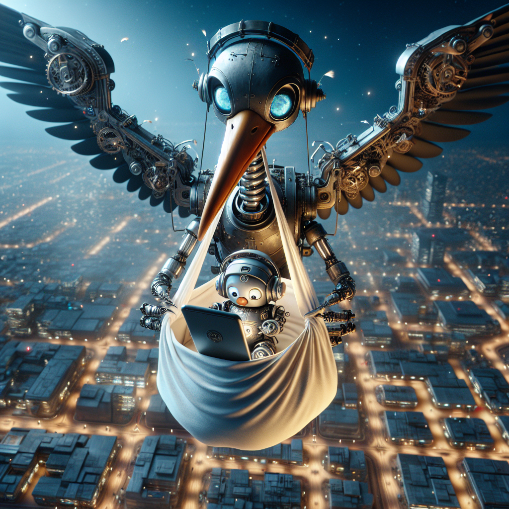 Large mechanical steampunk robot stork, wings flappi...