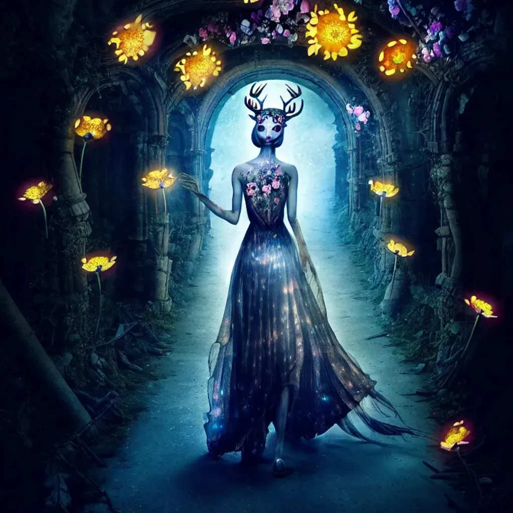 A mysterious hairless lady with glowing eyes, floral... | OpenArt