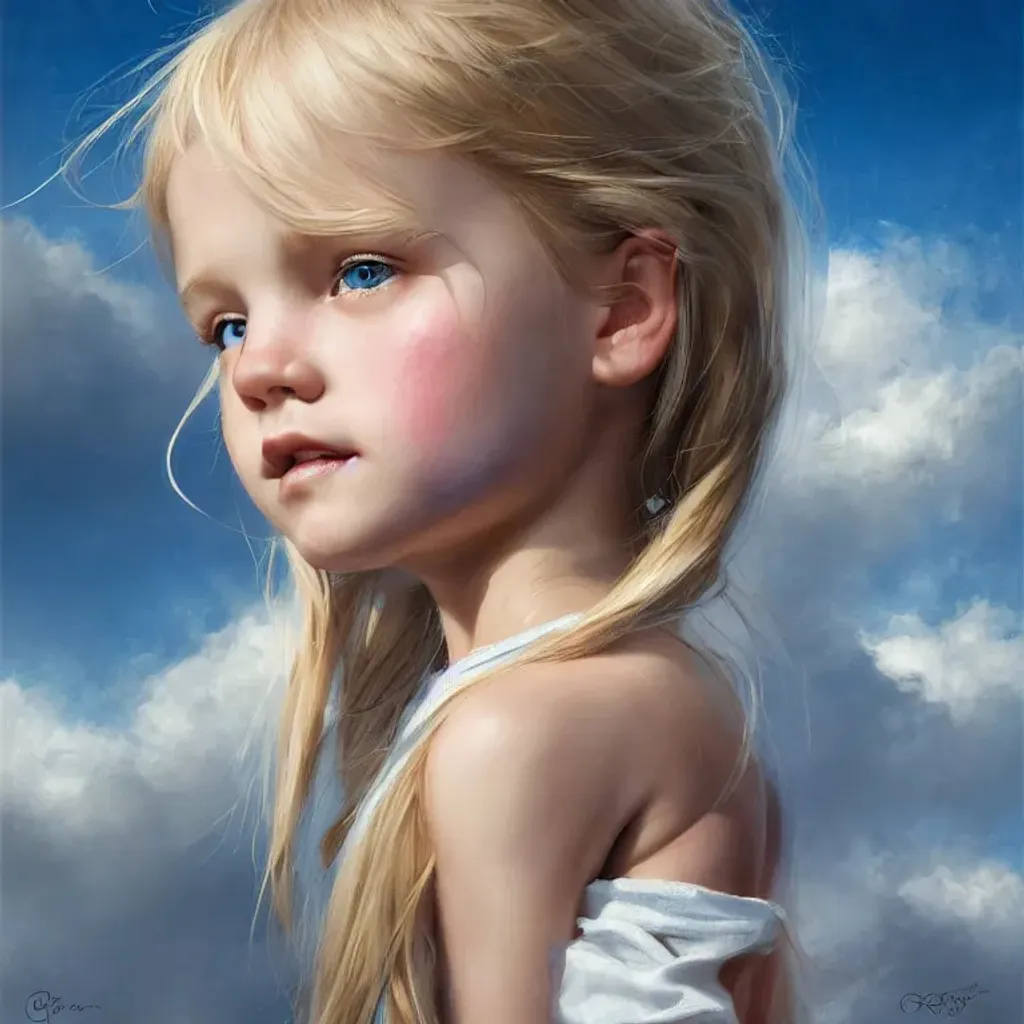 Portrait of {little girl} with {blond} hair and with...